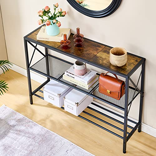 Hoctieon Industrial Console Table, 3 Tier Entryway Table, Hallway Table, Narrow Sofa Table with Shelves, Entrance Table for Entryway, Living Room, Foyer, Hallway, Office, Rustic Brown&Black