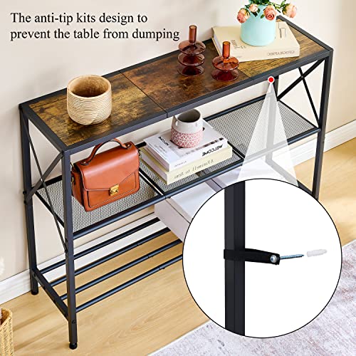 Hoctieon Industrial Console Table, 3 Tier Entryway Table, Hallway Table, Narrow Sofa Table with Shelves, Entrance Table for Entryway, Living Room, Foyer, Hallway, Office, Rustic Brown&Black