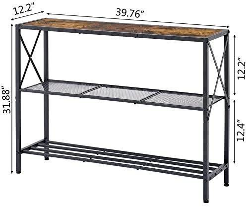 Hoctieon Industrial Console Table, 3 Tier Entryway Table, Hallway Table, Narrow Sofa Table with Shelves, Entrance Table for Entryway, Living Room, Foyer, Hallway, Office, Rustic Brown&Black