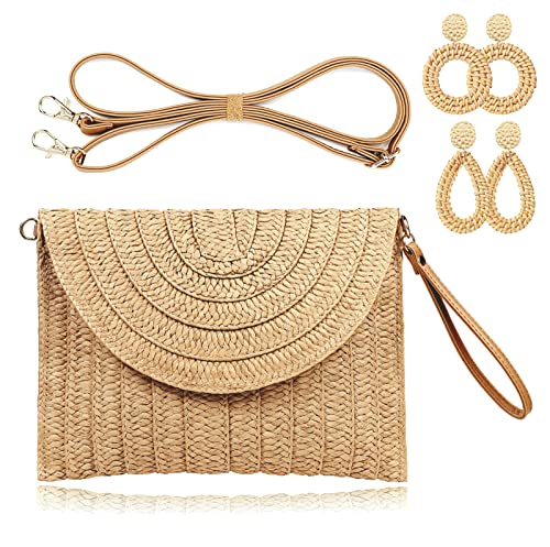 COOKOOKY Straw Clutch Handbag Summer Beach Straw Purse for Women woven Envelope Bag and 2 Pairs Rattan Earrings (Light brown bag and Rattan earrings)