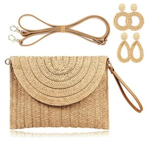 COOKOOKY Straw Clutch Handbag Summer Beach Straw Purse for Women woven Envelope Bag and 2 Pairs Rattan Earrings (Light brown bag and Rattan earrings)