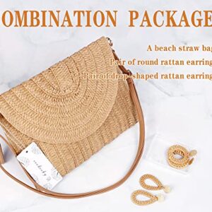 COOKOOKY Straw Clutch Handbag Summer Beach Straw Purse for Women woven Envelope Bag and 2 Pairs Rattan Earrings (Light brown bag and Rattan earrings)