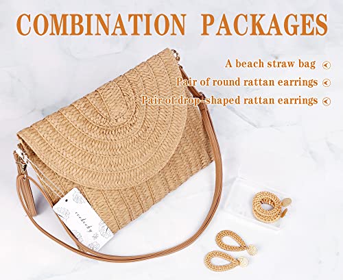 COOKOOKY Straw Clutch Handbag Summer Beach Straw Purse for Women woven Envelope Bag and 2 Pairs Rattan Earrings (Light brown bag and Rattan earrings)