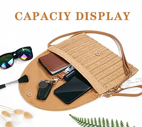 COOKOOKY Straw Clutch Handbag Summer Beach Straw Purse for Women woven Envelope Bag and 2 Pairs Rattan Earrings (Light brown bag and Rattan earrings)