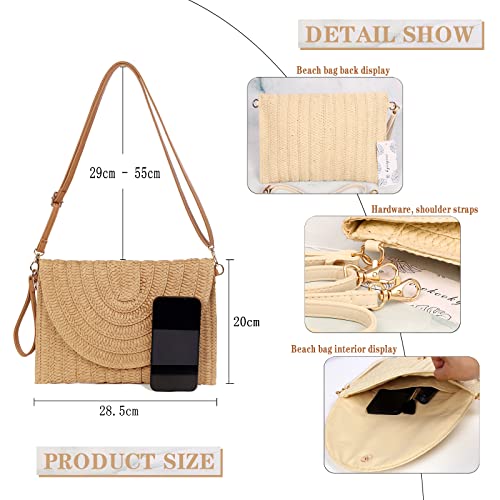 COOKOOKY Straw Clutch Handbag Summer Beach Straw Purse for Women woven Envelope Bag and 2 Pairs Rattan Earrings (Light brown bag and Rattan earrings)