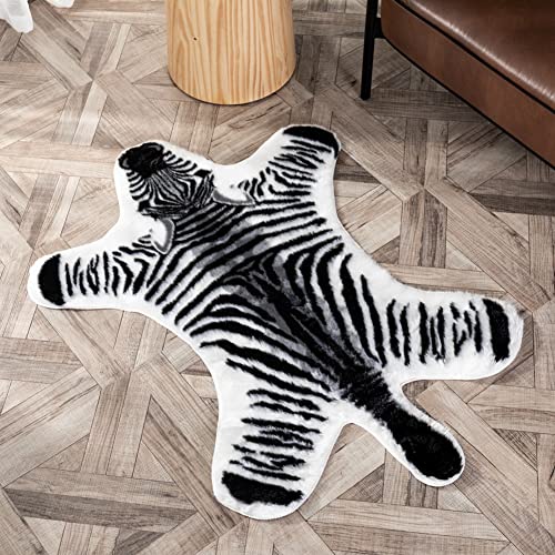 Miiciuib Cute Zebra Rug, Faux Fur Skin Plush Animal Shape Floor Carpet Decor Cushion for Bedroom Living Room (Zebra, 33.5 x 43 Inches)