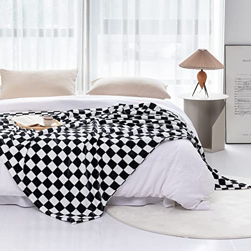 LOMAO Throw Blankets Flannel Blanket with Checkerboard Grid Pattern Soft Throw Blanket for Couch, Bed, Sofa Luxurious Warm and Cozy for All Seasons (Black, 51"x63")