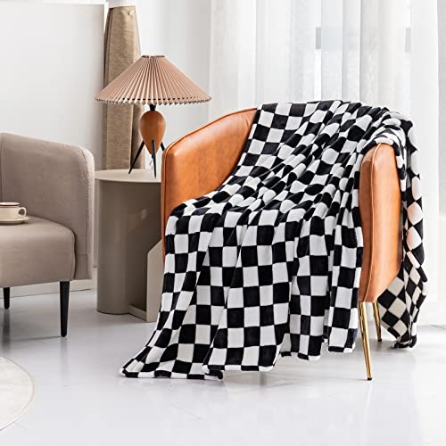 LOMAO Throw Blankets Flannel Blanket with Checkerboard Grid Pattern Soft Throw Blanket for Couch, Bed, Sofa Luxurious Warm and Cozy for All Seasons (Black, 51"x63")