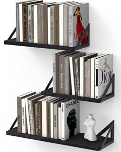 bayka floating shelves for bedroom decor, rustic wood wall shelves for living room wall mounted, hanging shelving for bathroom, laundry room, small shelf for plants, books(black,set of 3)