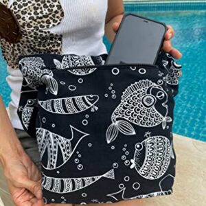 Fish Print Crossbody - Fully Lined with Front Zippered Pocket - Small Hobo Cotton Sling Messenger Bag - Black & White