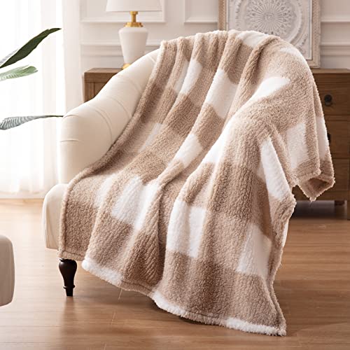 Bertte Fluffy Sherpa Throw Blanket Ultra Soft Warm Lightweight Plaid Shaggy Blanket for Couch Sofa Travel, Premium Reversible Decorative Faux Fur Blanket for All Seasons, 50"x 60", Checker Beige