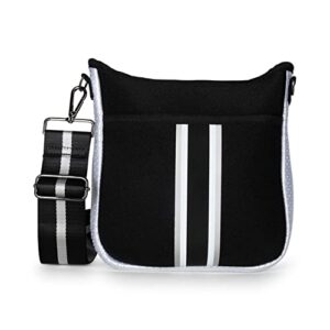 haute shore – jeri jazz crossbody tote, black w/black & silver stripe