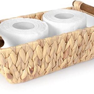 ADO Basics Water Hyacinth Hand Woven Basket, Stain Resistant Polished Wooden Handles Storage Wicker Baskets 12" Length, 6.29" Width, 4.25 Height