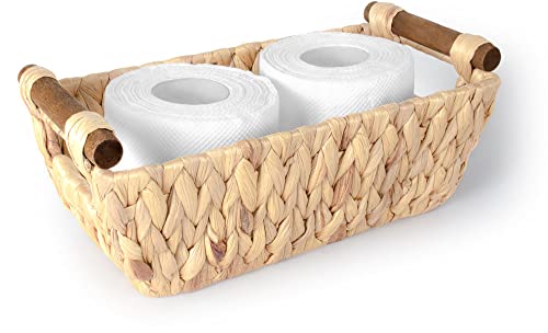 ADO Basics Water Hyacinth Hand Woven Basket, Stain Resistant Polished Wooden Handles Storage Wicker Baskets 12" Length, 6.29" Width, 4.25 Height