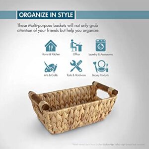 ADO Basics Water Hyacinth Hand Woven Basket, Stain Resistant Polished Wooden Handles Storage Wicker Baskets 12" Length, 6.29" Width, 4.25 Height