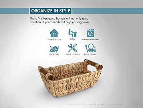 ADO Basics Water Hyacinth Hand Woven Basket, Stain Resistant Polished Wooden Handles Storage Wicker Baskets 12" Length, 6.29" Width, 4.25 Height