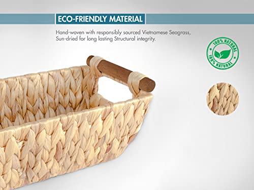 ADO Basics Water Hyacinth Hand Woven Basket, Stain Resistant Polished Wooden Handles Storage Wicker Baskets 12" Length, 6.29" Width, 4.25 Height