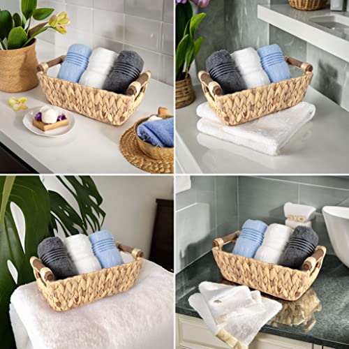 ADO Basics Water Hyacinth Hand Woven Basket, Stain Resistant Polished Wooden Handles Storage Wicker Baskets 12" Length, 6.29" Width, 4.25 Height