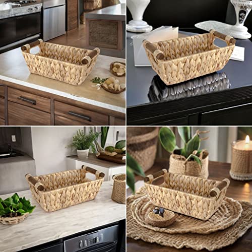 ADO Basics Water Hyacinth Hand Woven Basket, Stain Resistant Polished Wooden Handles Storage Wicker Baskets 12" Length, 6.29" Width, 4.25 Height