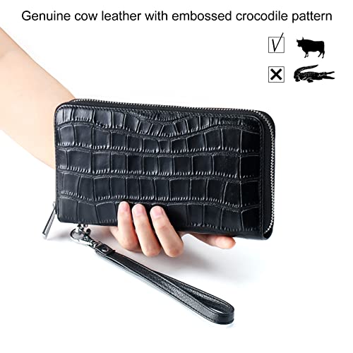 Utenwat Womens Wallets Large Capacity RFID Blocking Genuine Leather Wallet for Women Zip Clutch Card Holder with Wristlet Black