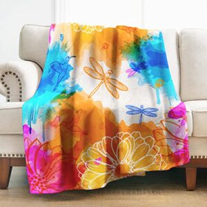 levens dragonfly blanket gifts for mom women girls, colorful hummingbird flower decoration for home bedroom living room lounge, soft adorable smooth lightweight throw blankets 50″x60″