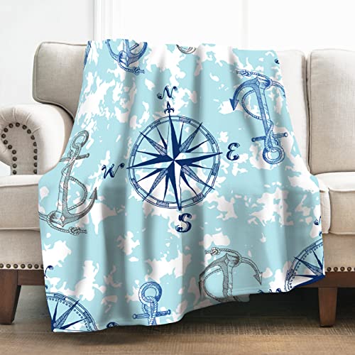 Levens Nautical Anchor Compass Blanket Gifts for Boys Women Girls, Ocean Marine Themed Decoration for Home Bedroom Living Room Sofa, Super Soft Smooth Lightweight Throw Blankets Blue 50"x60"