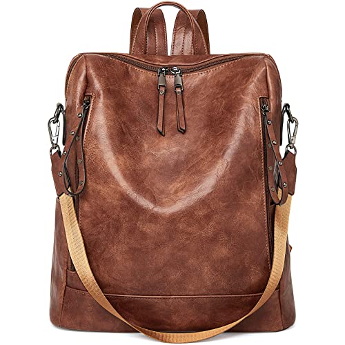 FOXLOVER Leather Backpack Purse for Women Fashion Shoulder Book Bag Convertible Travel Rucksack with Designer Zipper (Brown)