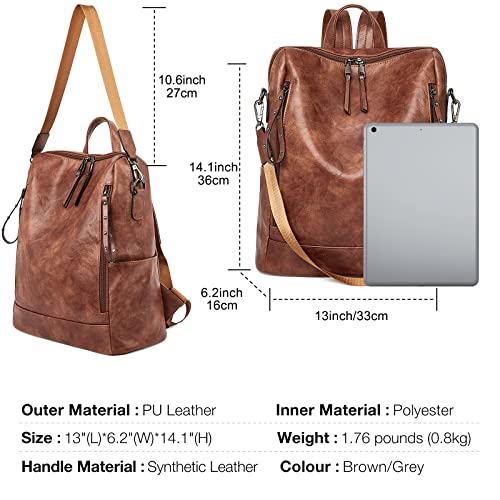 FOXLOVER Leather Backpack Purse for Women Fashion Shoulder Book Bag Convertible Travel Rucksack with Designer Zipper (Brown)