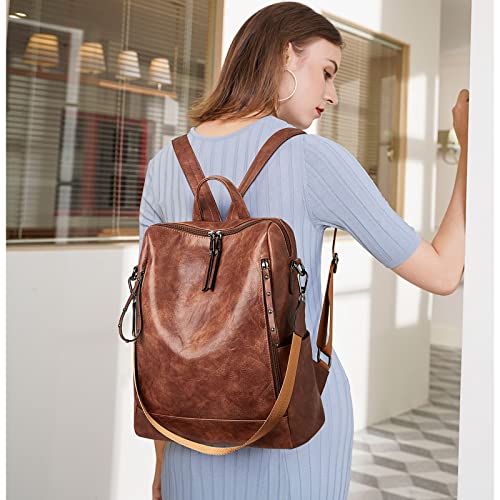 FOXLOVER Leather Backpack Purse for Women Fashion Shoulder Book Bag Convertible Travel Rucksack with Designer Zipper (Brown)