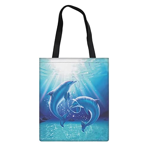 Upetstory Adorable Dolphin Canvas Tote Bag for Kids Women Handbag Purse School Library Books Beach Bags Hiking Camping Gifts