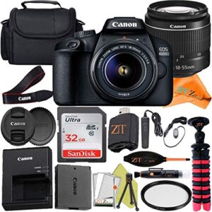 canon eos 4000d (rebel t100) dslr camera 18-55mm zoom lens + zeetech accessory bundle with sandisk 32gb memory card, bag, tripod and uv filter (renewed)