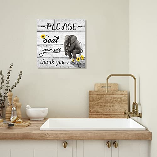 YPY Bathroom Canvas Wall Art Sign: Black White Elephant with Sunflower Picture Poster Wall Decor Funny Bath Room Decoration 12x12 inch