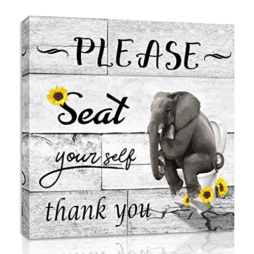 YPY Bathroom Canvas Wall Art Sign: Black White Elephant with Sunflower Picture Poster Wall Decor Funny Bath Room Decoration 12x12 inch