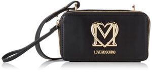 love moschino women’s black leather gold heart camera crossbody handbag