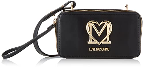 Love Moschino Women's Black Leather Gold Heart Camera Crossbody Handbag