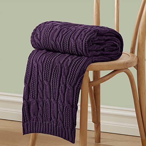 Aormenzy Cable Knit Throw Blankets 50 x 60 Inches, Soft Cozy and Lightweight Knitted Blanket, Machine Washable Acrylic Blanket, Decorative Throw Blanket for Couch Sofa Bed, Dark Purple