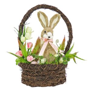 national tree company woven basket with bunny table decoration, woven branch base, decorated with fern fronds, tulips, easter collection, 17 inches