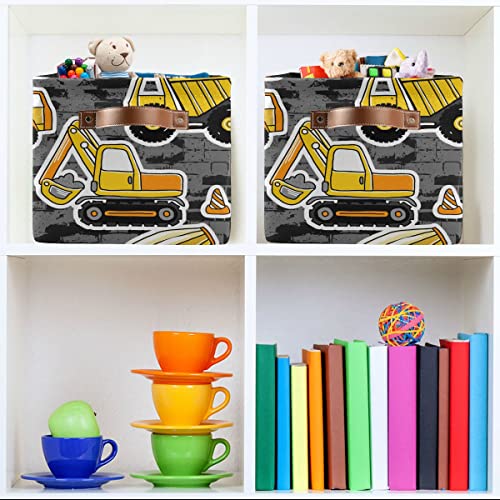 susiyo Storage Baskets for Shelves, Cartoon Construction Trucks Closet Storage Bins for Organizing Shelf Nursery Toys, Decorative Linen Fabric Bins Cubes with PU Handles 1 Pack