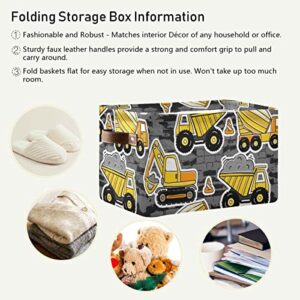 susiyo Storage Baskets for Shelves, Cartoon Construction Trucks Closet Storage Bins for Organizing Shelf Nursery Toys, Decorative Linen Fabric Bins Cubes with PU Handles 1 Pack