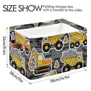 susiyo Storage Baskets for Shelves, Cartoon Construction Trucks Closet Storage Bins for Organizing Shelf Nursery Toys, Decorative Linen Fabric Bins Cubes with PU Handles 1 Pack