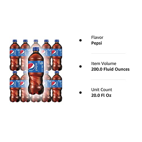 Pepsi Soda, 20oz Bottle (Pack of 10, Total of 200 Fl Oz)