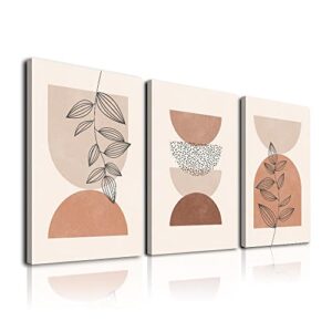 minimalist boho wall art set of 3, mid-century modern wall prints, framed neutral abstract geometric prints moon botanical artwork paintings posters large boho wall decor ready to hang for bathroom bedroom living room boho room decor (12″x16″)