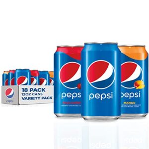 pepsi flavors variety pack, wild cherry, mango, original, 12 fl oz. cans (18 pack)