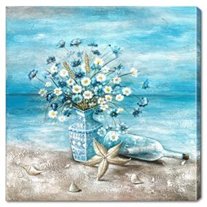 muro artes bathroom canvas wall art, 14x14inch blue flower canvas wall art for bathroom, ready to hang ocean beach floral painting canvas art wall decor