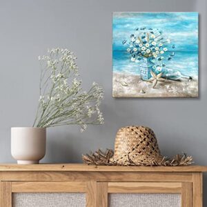 Muro Artes Bathroom Canvas Wall Art, 14x14Inch Blue Flower Canvas Wall Art for Bathroom, Ready to Hang Ocean Beach Floral Painting Canvas Art Wall Decor