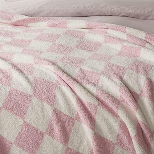 MIDO HOUSE Microfiber Throw Blanket Ultra-Soft Fuzzy Bed Blanket Reversible Knitted Checkerboard Pink Throw Blankets for Couch 52 x 63 inch