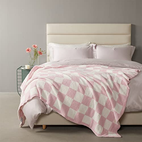 MIDO HOUSE Microfiber Throw Blanket Ultra-Soft Fuzzy Bed Blanket Reversible Knitted Checkerboard Pink Throw Blankets for Couch 52 x 63 inch