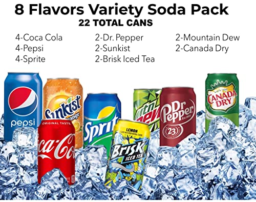 Murai - (Pack of 22) Soda Variety Pack | 8 Multi Flavors Soft Drink Bundle | Assortments of Cola, Pepsi, Sprite, Mountain Dew, Dr. Pepper, Sunkist, Canada Dry Ginger Ale, Brisk Iced Tea | The Beverage Care Package