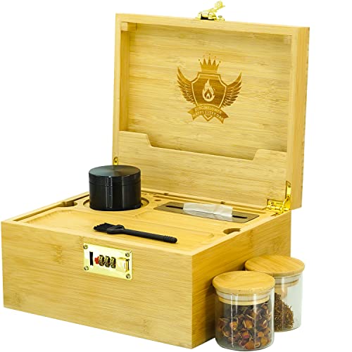 Large Stash Box with Rolling Tray and 5 Accessories,Divider management space,Luxury Gift Set ,Wooden Storage Set with Lock for Storage Items