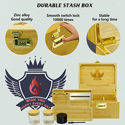 Large Stash Box with Rolling Tray and 5 Accessories,Divider management space,Luxury Gift Set ,Wooden Storage Set with Lock for Storage Items